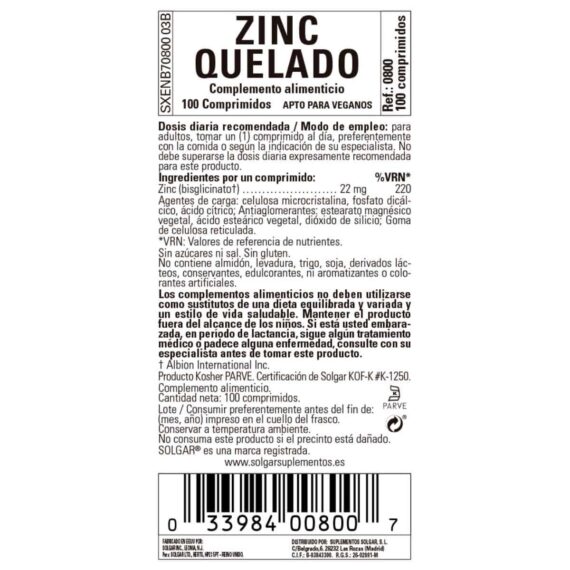 Zinc Quelado - 100 Comprimidos | Cero Residuo - Tienda Online Zero Waste